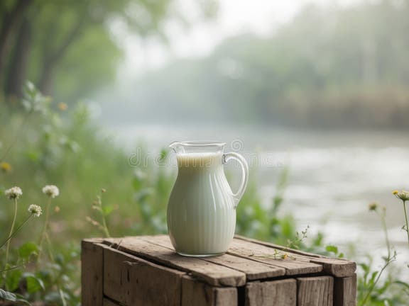 Morning Tranquility with Fresh Milk in a Rustic Setting by the River ...