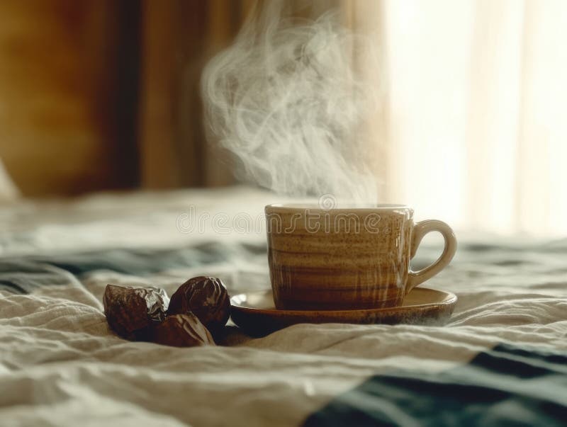 Morning Tranquility with Minimalistic Steaming Coffee Cup on Cozy Bed ...