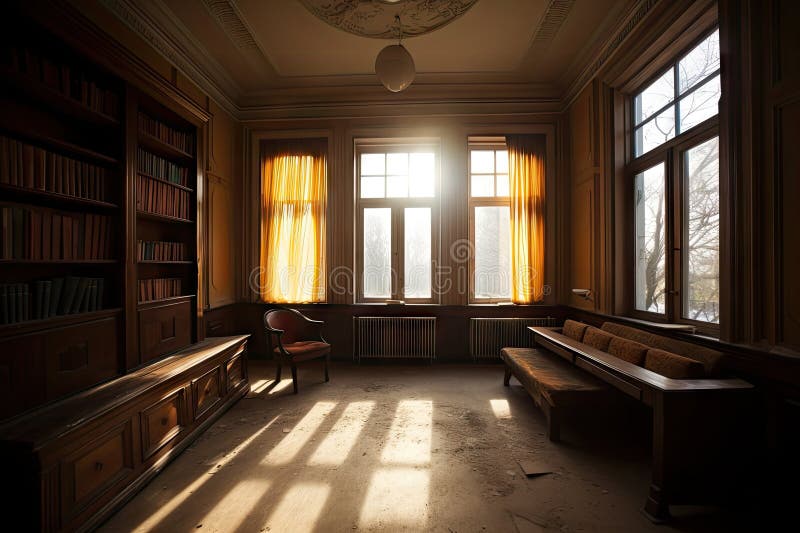 Morning, with View of the Library and Sun Shining through the Windows ...