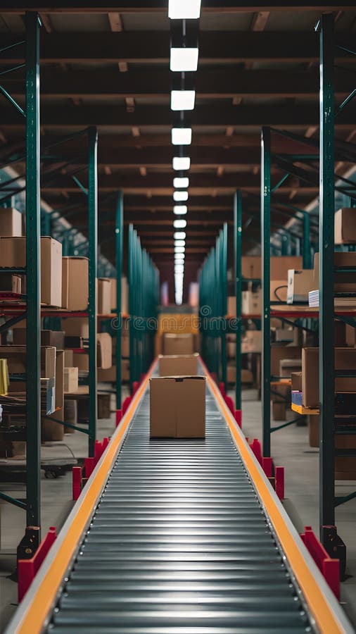 Morning Warehouse Workflow Boxes Move Along Conveyor Belt during Work ...