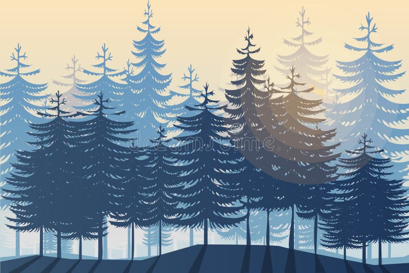 Morning in Wild Coniferous Forest Stock Vector - Illustration of land ...