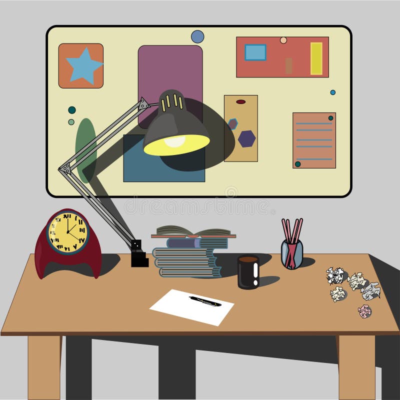 Morning Work Desk with Books and Lamp Stock Vector - Illustration of ...