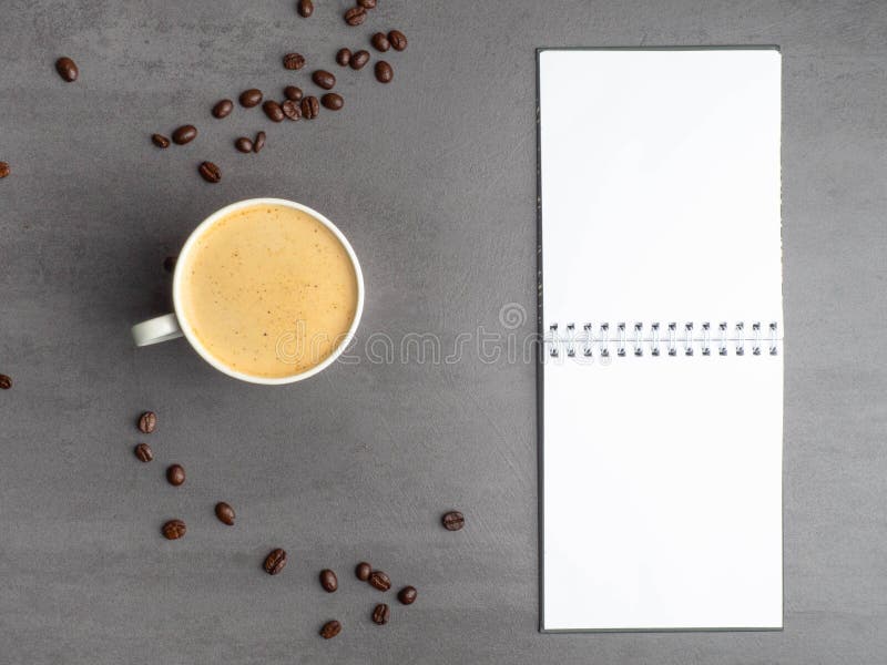 Morning Workplace As Cup of Coffee, Coffee Beans and Notepad for Notes ...