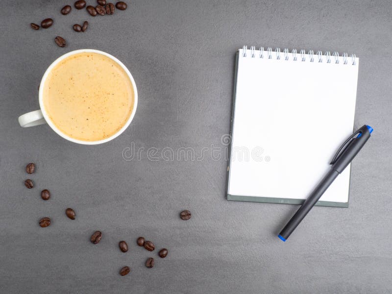 Morning Workplace As Cup of Coffee, Coffee Beans and Notepad for Notes ...