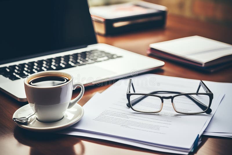 Morning Workspace with Coffee, Laptop, and Paperwork Creating a Focused ...