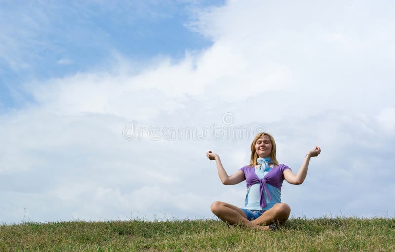 Morning Yoga Exercises Above Blue Sky with Clouds. Stock Image - Image ...