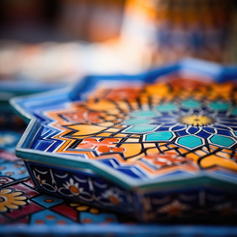 Moroccan Colorful Ceramic Plates on a Table, AI Stock Illustration ...