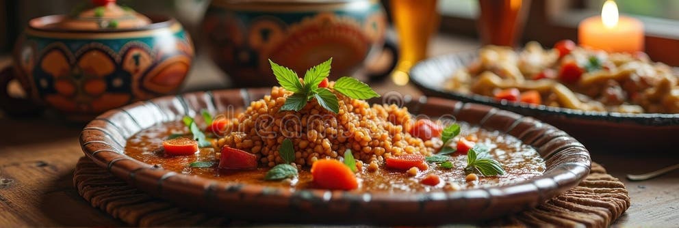 Moroccan Couscous Dish on Rustic Table with Vegetables and Fresh Herbs ...