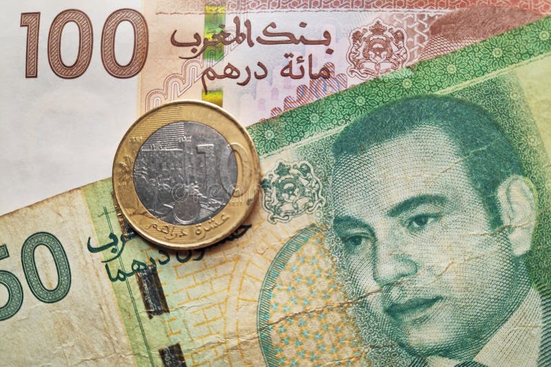 10 Moroccan Dirham Coin on Top of a Banknote of 50 and 100 Stock Image ...