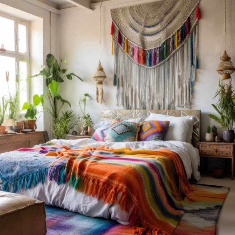 Moroccan, Eclectic Bedroom with Macrame Wall Hanging. Interior Design ...