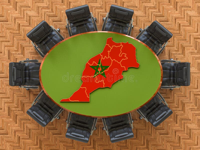 Moroccan Goverment Meeting. Map of Morocco on the Round Table, 3D ...