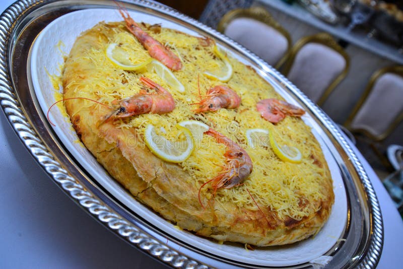 Moroccan Pastilla or Bastila with Seafood, Shrimp and Calmari. Stock ...
