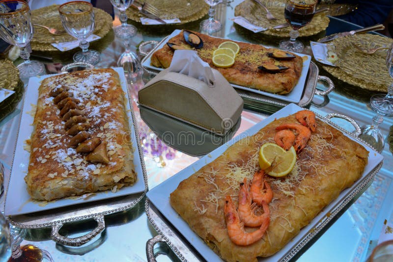 Moroccan Pastilla or Bastila with Seafood, Shrimp and Calmari. Stock ...