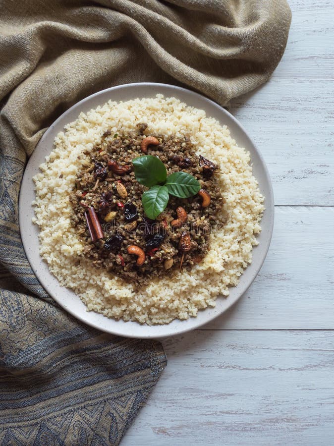 Moroccan Spiced Mince with Couscous. Top View. Stock Photo - Image of ...