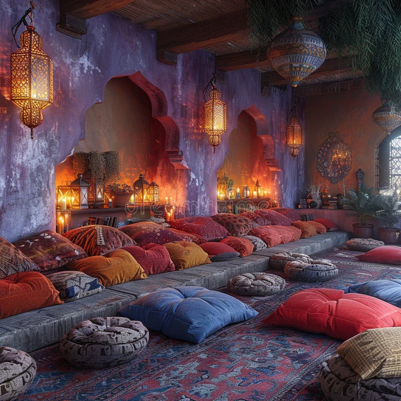 Moroccan-style Lounge with Rich Colors Lanterns Stock Image - Image of ...