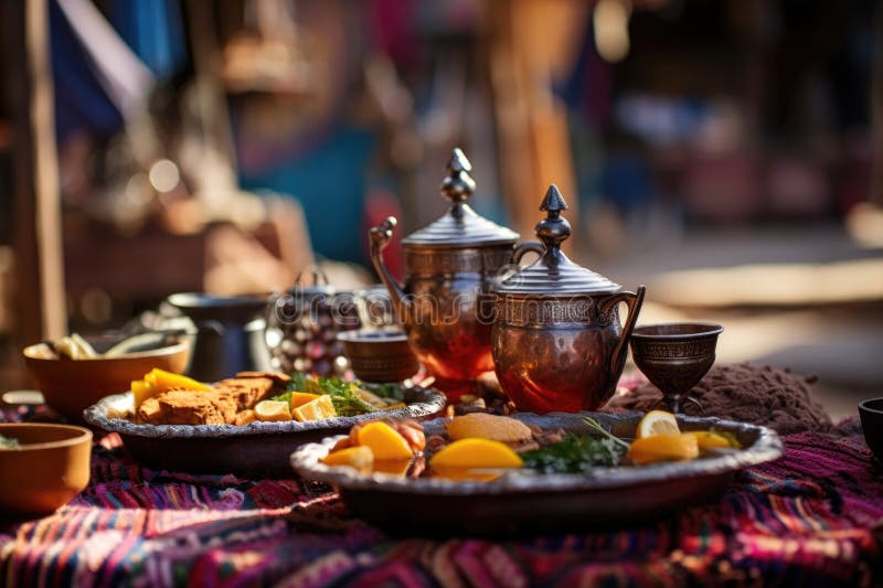 Moroccan Tea Being Served in a Vibrant Outdoor Market Setting Stock ...