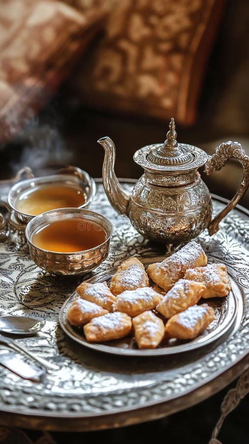 A Moroccan Tea Ceremony with Mint Tea and Almond-filled Pastries. Stock ...