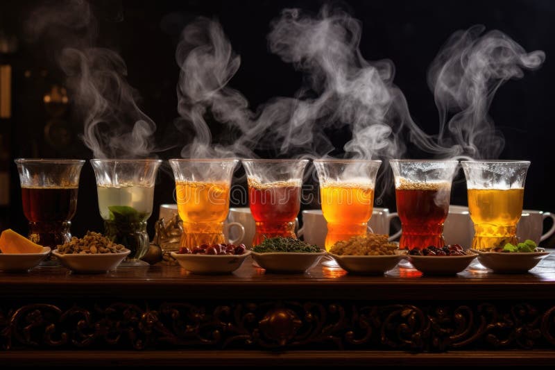 Moroccan Tea Glasses Lined Up with Steam Rising from Hot Tea Stock ...