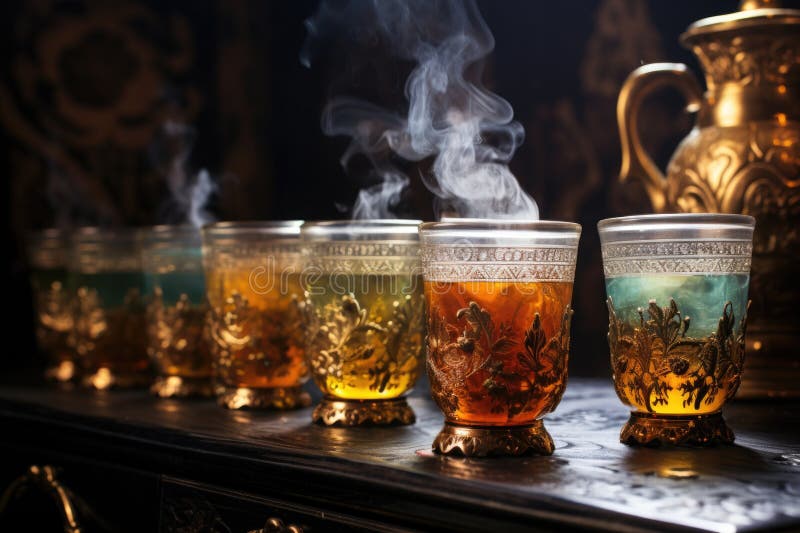 Moroccan Tea Glasses Lined Up with Steam Rising from Hot Tea Stock ...