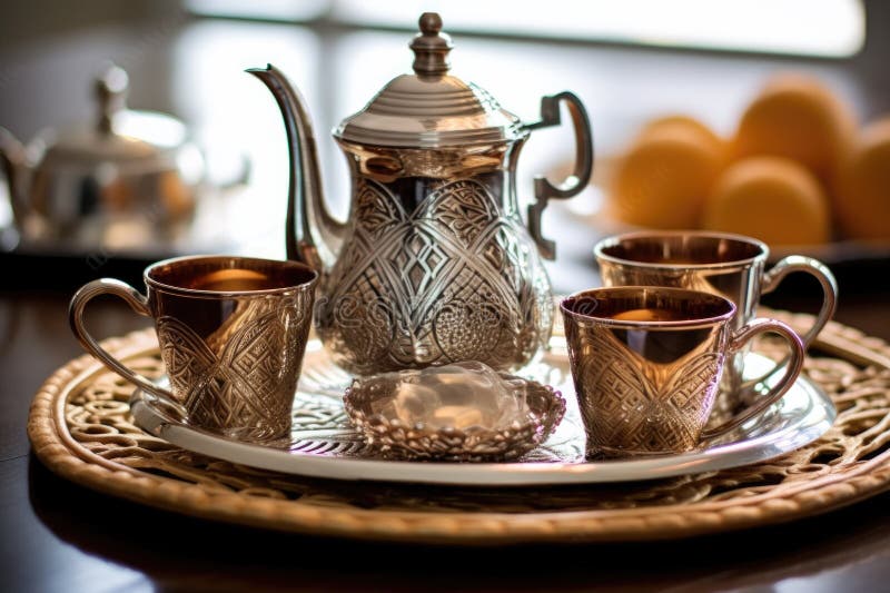 Moroccan Tea Set with Elaborately Designed Teapot Stock Illustration ...