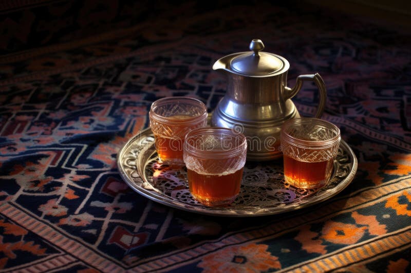 Moroccan Tea Set on a Patterned Rug with Poured Glass of Tea Stock ...
