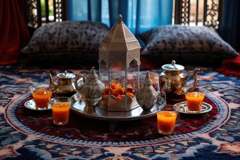 Moroccan Tea Set on a Patterned Rug with Poured Glass of Tea Stock ...