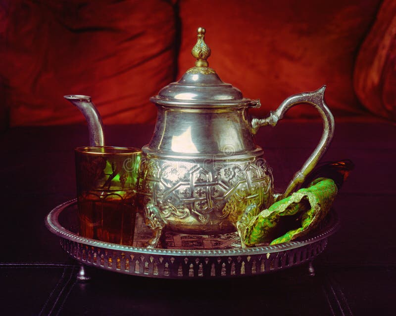 Moroccan Tea Set on Subdued Red Plush Background Stock Photo - Image of ...
