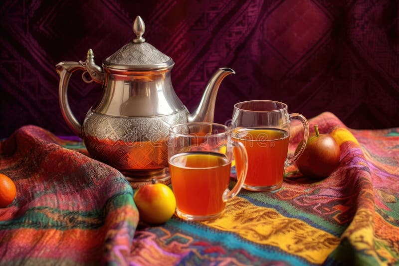 Moroccan Teapot with Colorful Tea Glasses on Patterned Cloth Stock ...