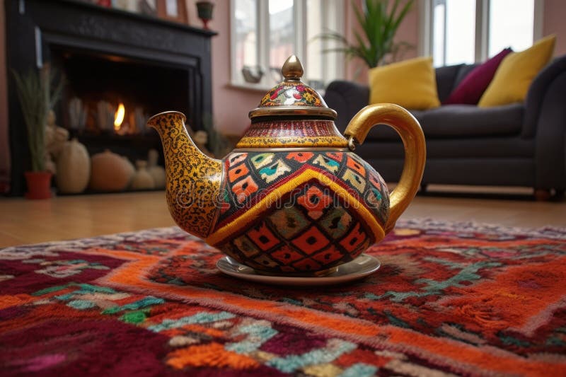 A Moroccan Teapot with a Unique Shape and Pattern on a Vibrant Rug ...
