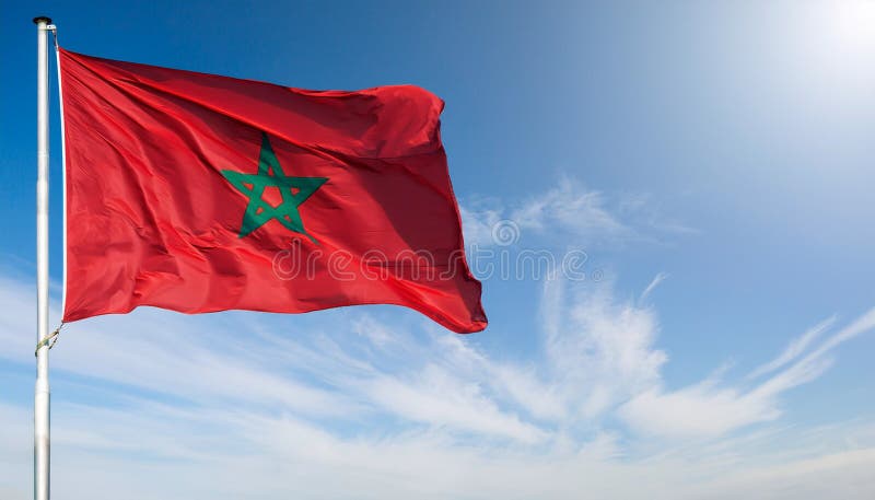Morocco Flag Image Waving with Blue Sky on Background and Space for ...