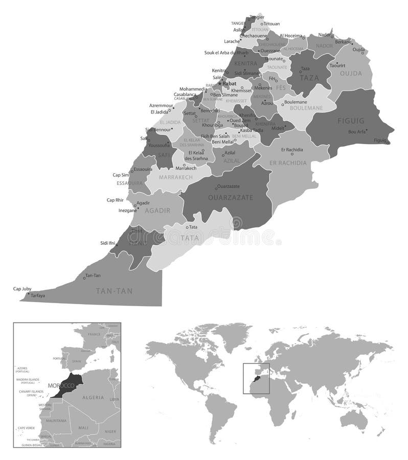 Morocco Map, Black and White Detailed Outline Regions of the Country ...