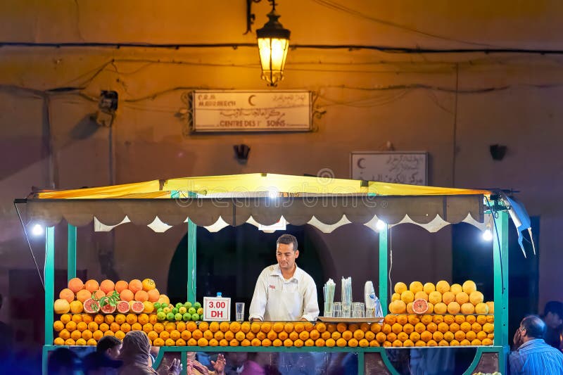 Morocco Marrakesh. Orange Juice Stall Editorial Photo - Image of chair ...