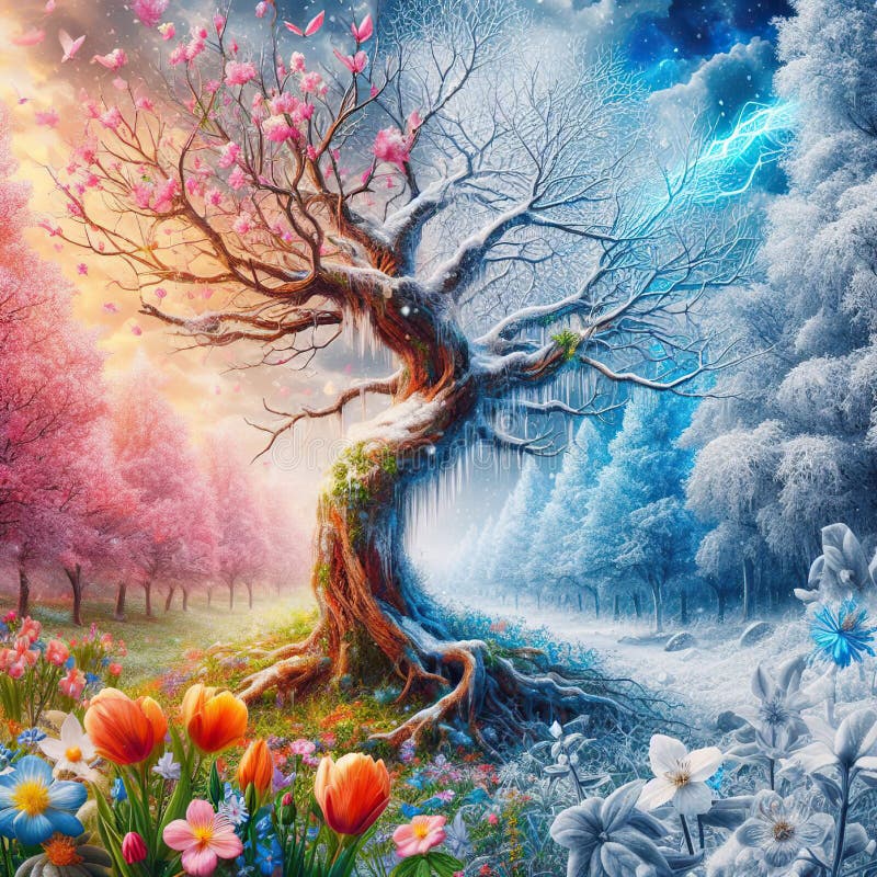 Morph of a Dead Tree. Icy Winter Scene into a Vibrant Spring Scene ...