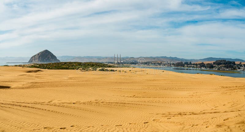 Panoramic View Sand Dunes on the Beach and Morro Rock. Morro Bay Dunes ...
