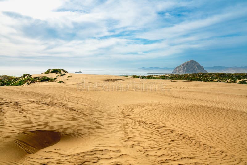 Sand Dunes on the Beach, Morro Rock and Beautiful Cloudy Sky. Morro Bay ...
