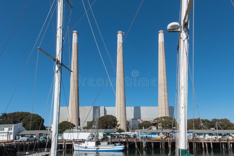 Morro Bay Smokestacks between Boat Masts Stock Photo - Image of nature ...