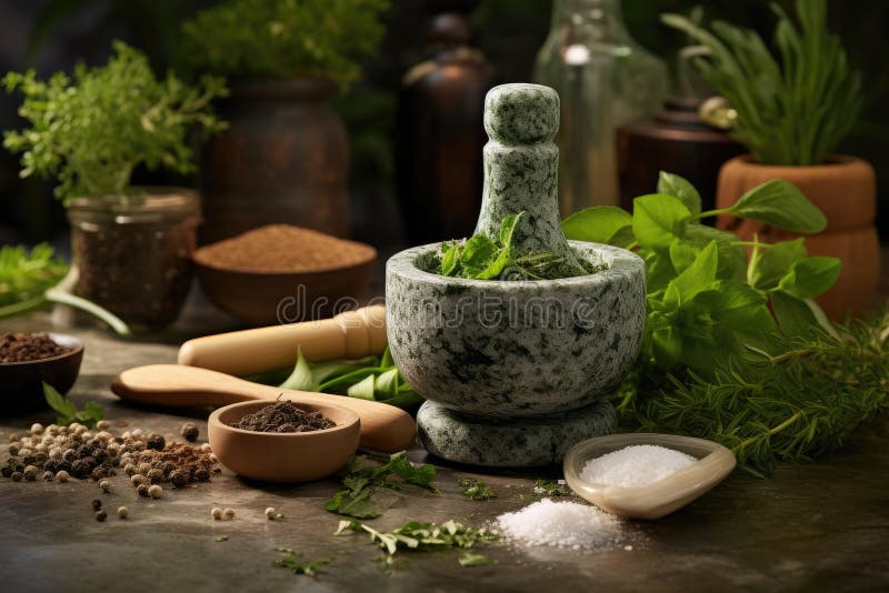 Mortar with Aromatic Kitchen Herbs on Wooden Table. Generative AI Stock ...