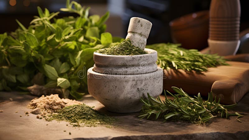 Mortar with Aromatic Kitchen Herbs on Wooden Table. Neural Network AI ...