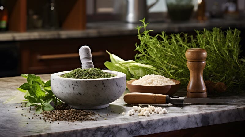 Mortar with Aromatic Kitchen Herbs on Wooden Table. Neural Network AI ...