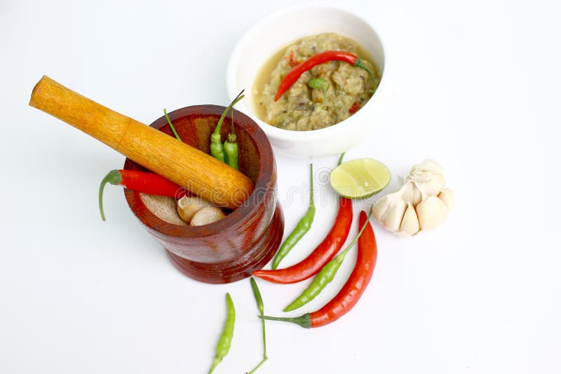 Mortar and Ingredients for Cooking and Chili Sauce on White Background ...