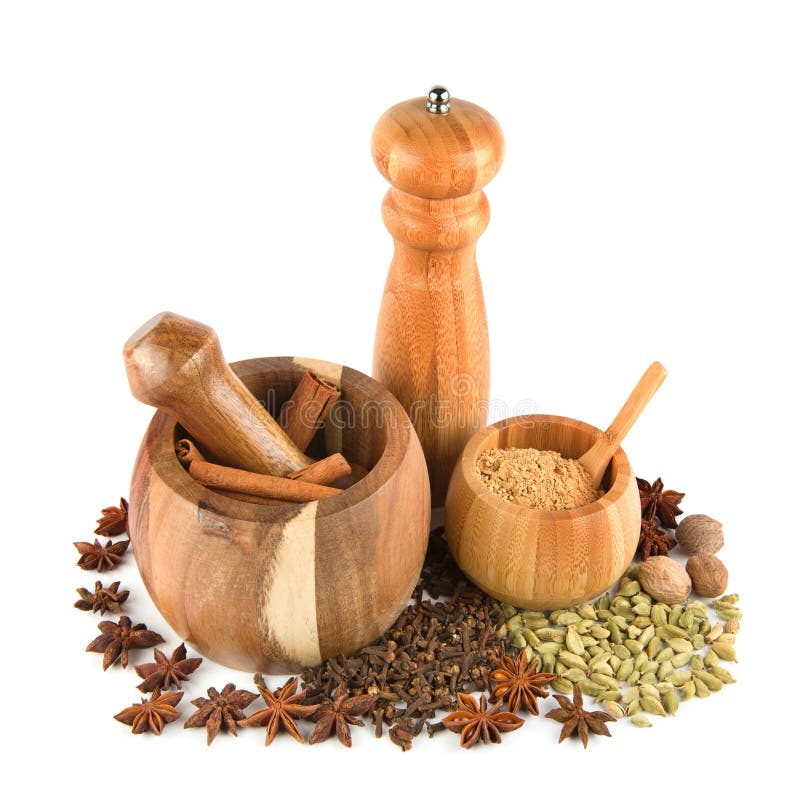 Mortar with Pestle, Hand Mill and Spices Set Isolated on White Stock ... Mortar with Pestle, Hand Mill and Spices Set Isolated on White Stock ...