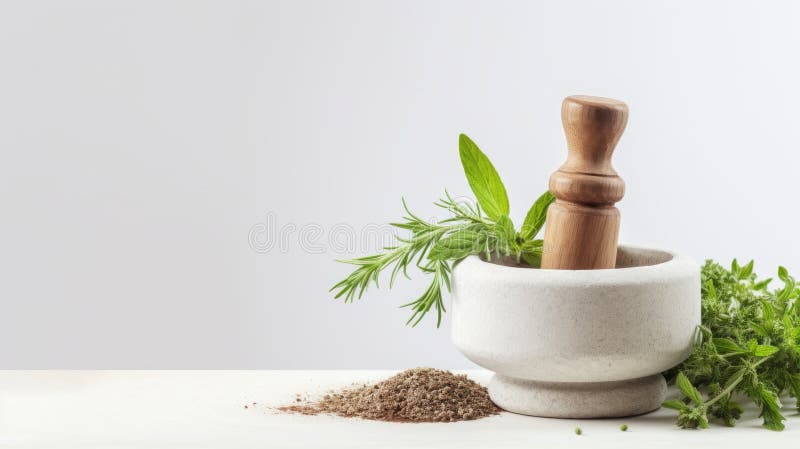 A Mortar and Pestle with Herbs and Spices on a White Background Stock ...