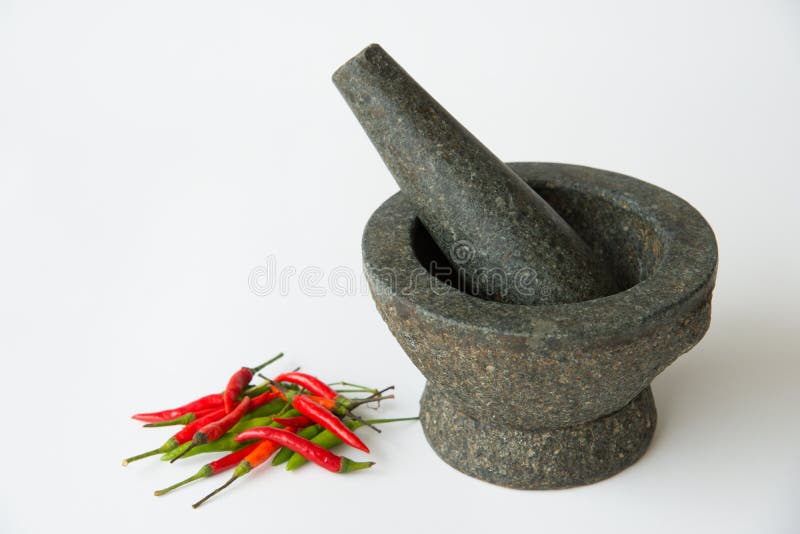 Mortar, Pestle and Red Chili Stock Photo - Image of food, chinaware ...