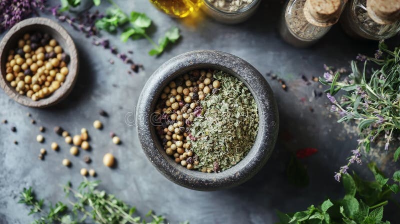Rustic Mortar and Pestle with Herbs and Spices on a Wooden Table Stock ...