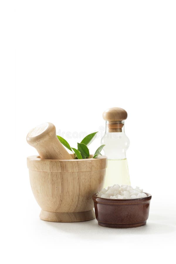 Mortar, Salt and Oil on White Back. Stock Image - Image of aromatherapy ...