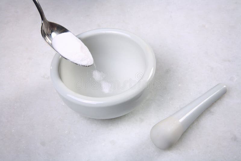 Food Coloring, E171. White Chemical Powder in Ceramic Spoon on Blue ...