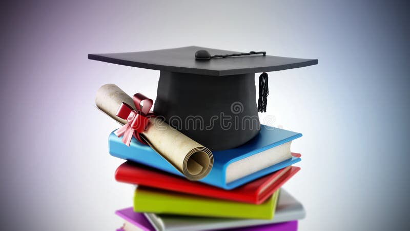 Mortarboard and Certificate Standing on Stack of Colorful Books. 3D ...