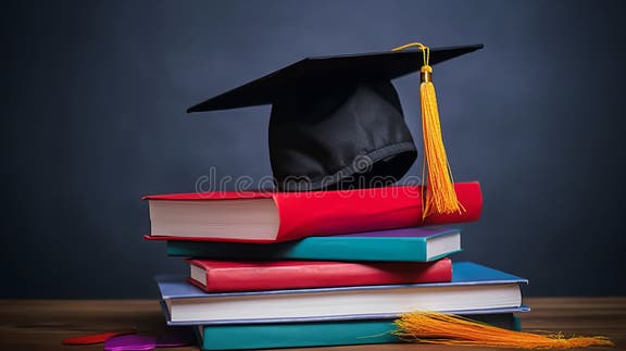Mortarboard and Certificate Standing on Stack of Colorful Books-enhance ...