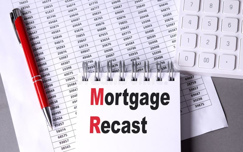 MORTGAGE RECAST Text on Notebook with Chart , Pen and Calculator Stock ...