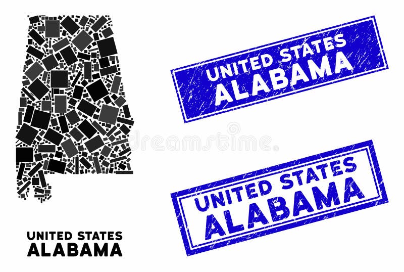 Mosaic Alabama State Map and Scratched Rectangle Stamps Stock ...